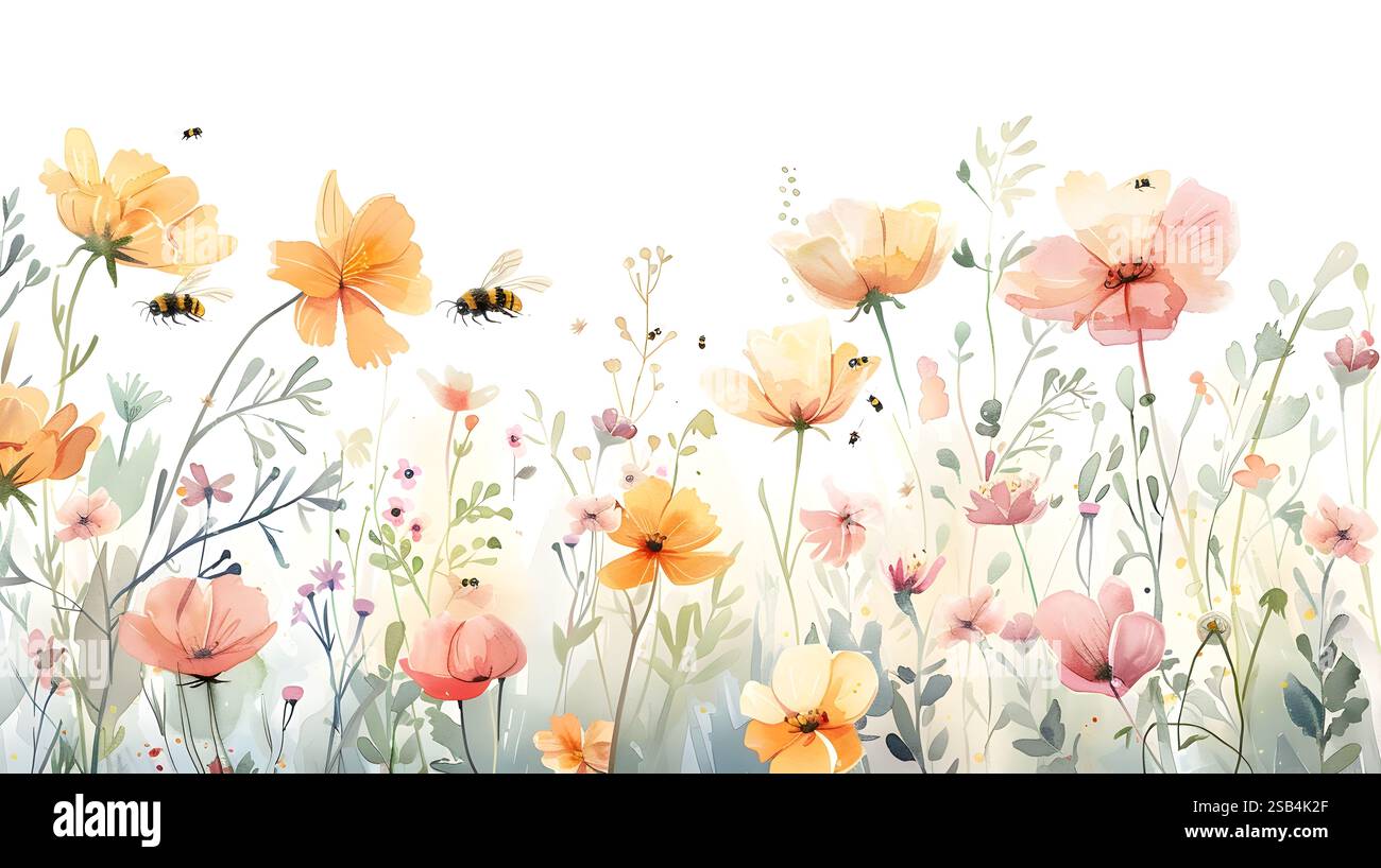 A delightful watercolor showcasing bees buzzing around wildflowers ...