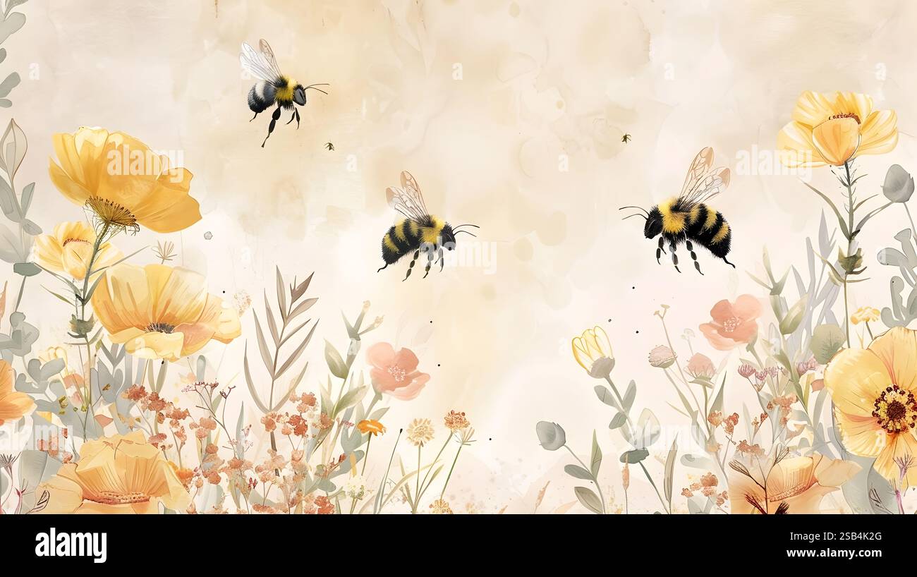 A delightful watercolor showcasing bees buzzing around wildflowers ...