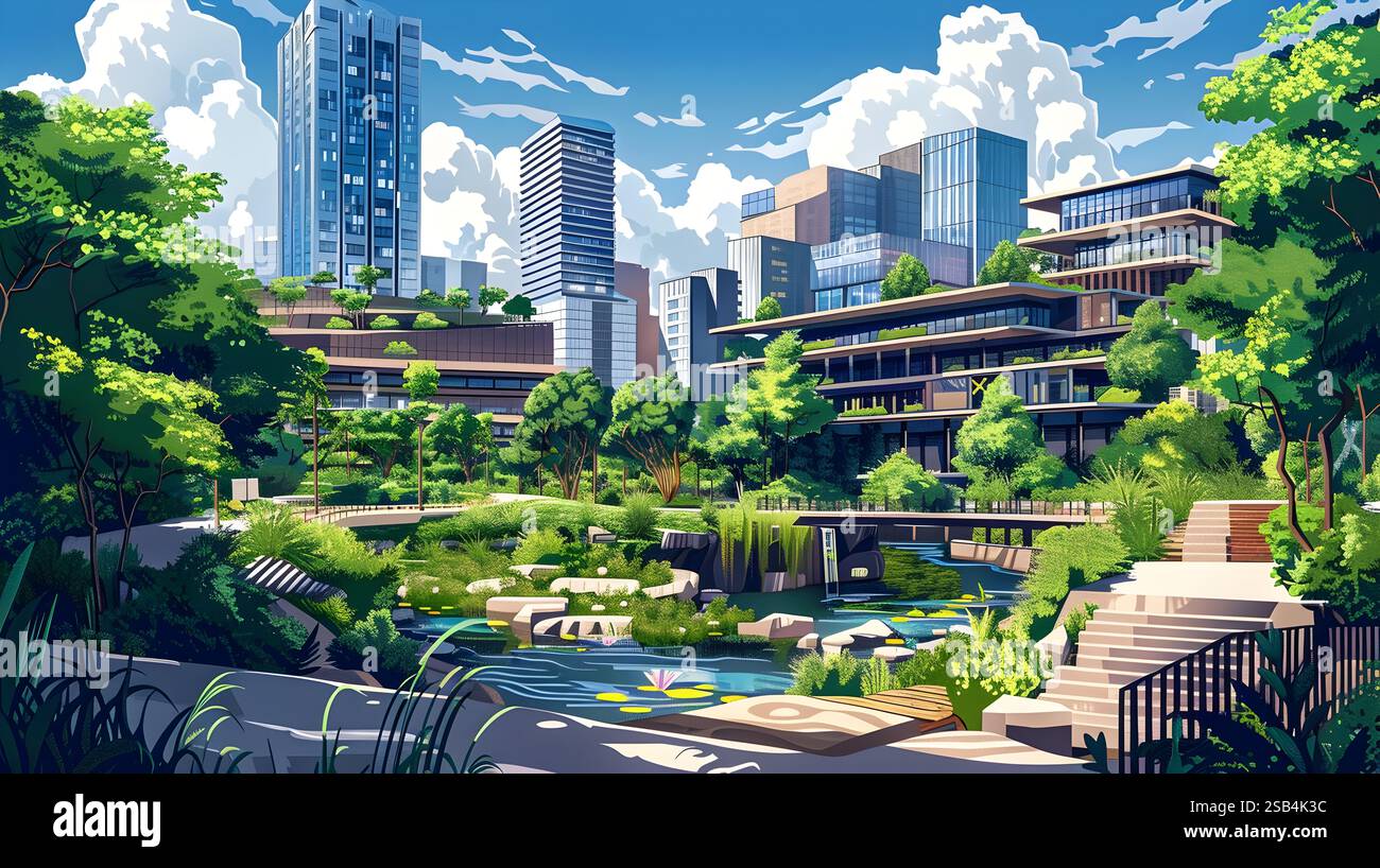 This panoramic rendering showcases a sustainable urban park, where ...