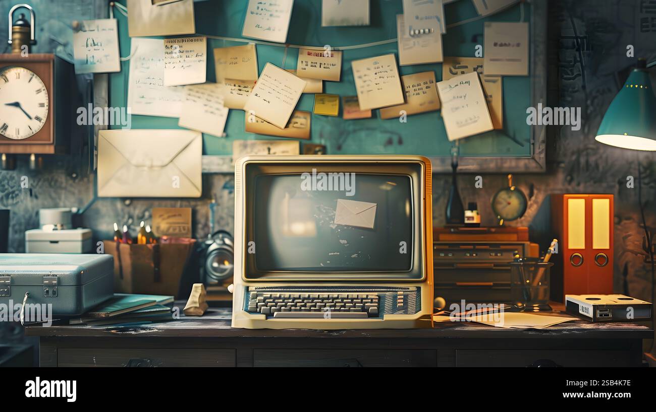 A nostalgic office scene featuring a vintage-inspired computer and an ...