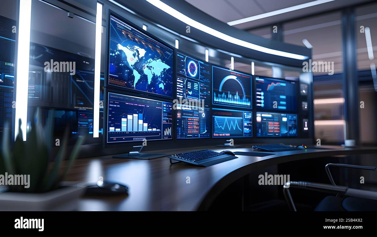 This image showcases an ultra-modern digital workspace with triple monitors displaying data ...
