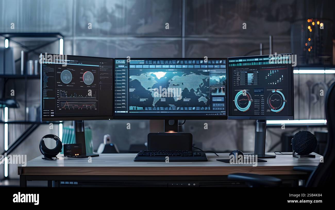 A tech professional works in an ultra-modern digital workspace, surrounded by triple monitors ...