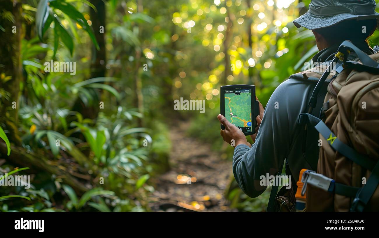 A hiker navigates a forest trail using a handheld GPS device, with the ...