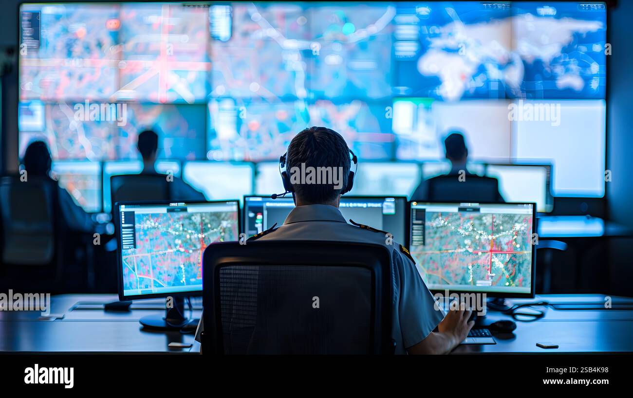 An emergency response team works in unison in a high-tech command center, meticulously ...