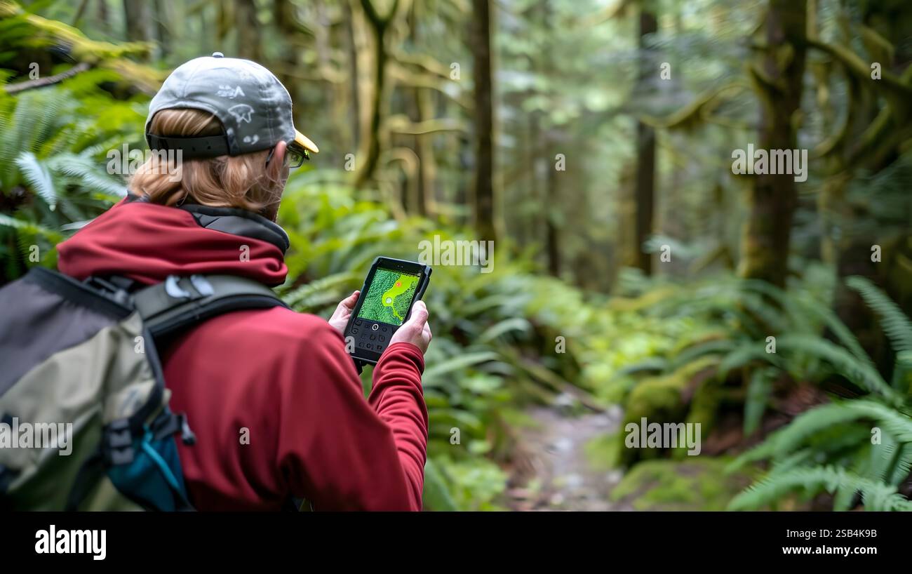 A hiker traverses a vibrant green forest trail, using a handheld GPS ...