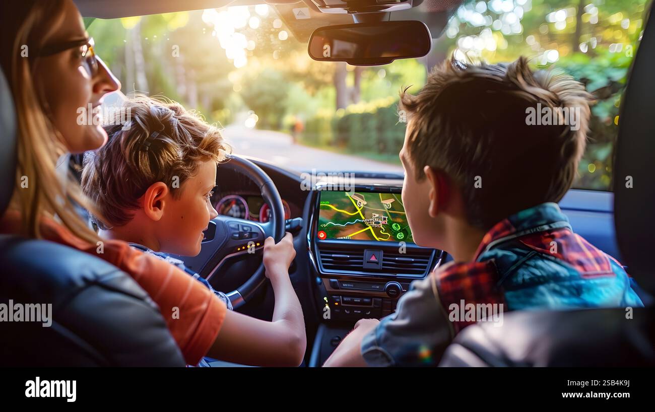 A family embarks on an exciting road trip, their children engaged in ...
