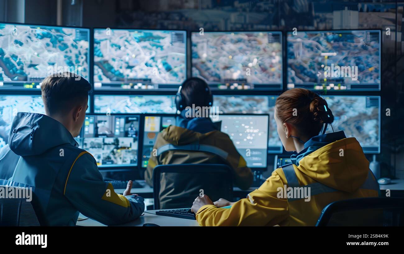 An emergency response team works diligently in a high-tech command center, meticulously ...