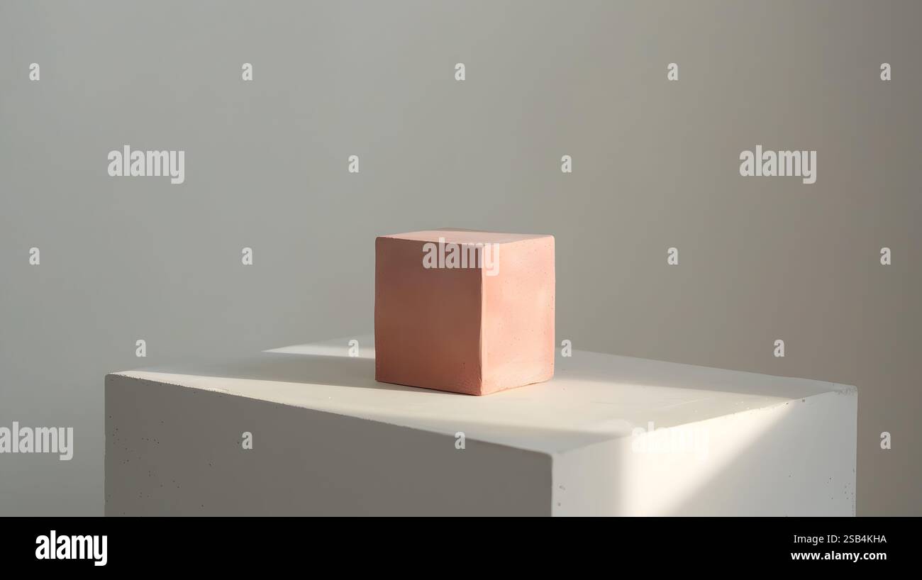 A solitary 3D clay cube takes center stage on a smooth white surface ...