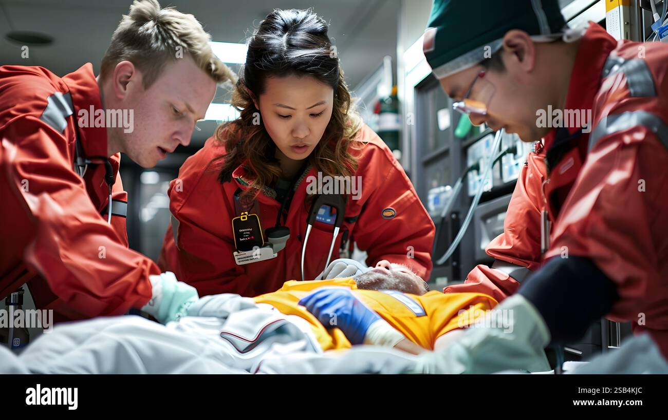 A dynamic view of an ER trauma team in action, performing resuscitation ...