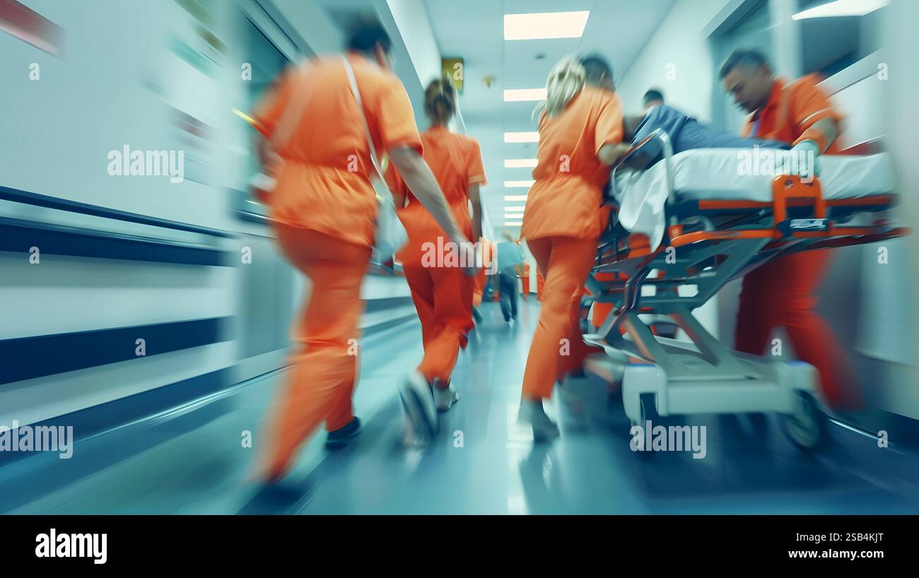 An ER team works together to quickly transport a patient on a stretcher ...
