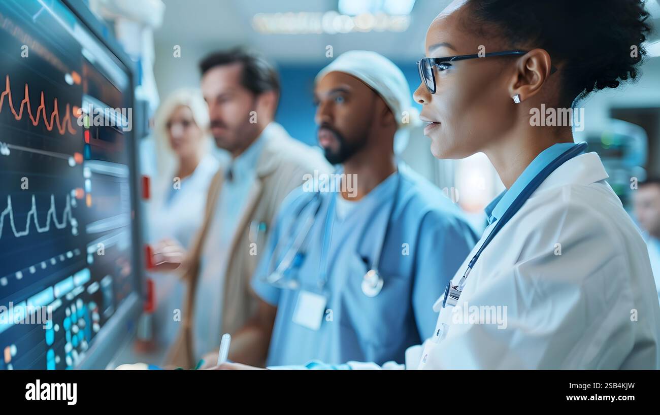 A close-up view of an ER doctor intently observing a digital monitor ...