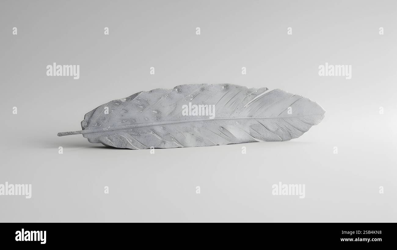 A single,sculpted stone feather resting on a plain white background ...
