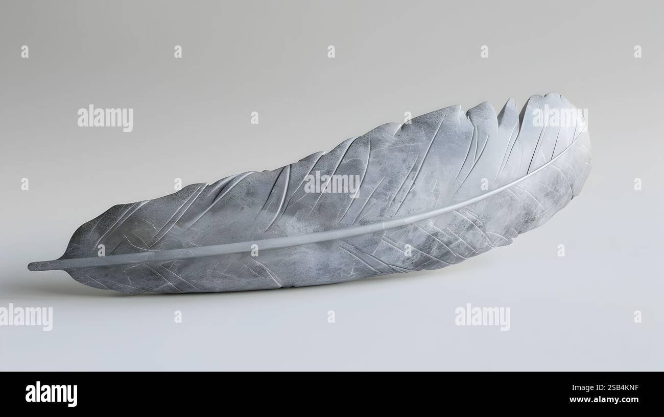 A single,three-dimensional feather sculpture crafted from stone rests ...