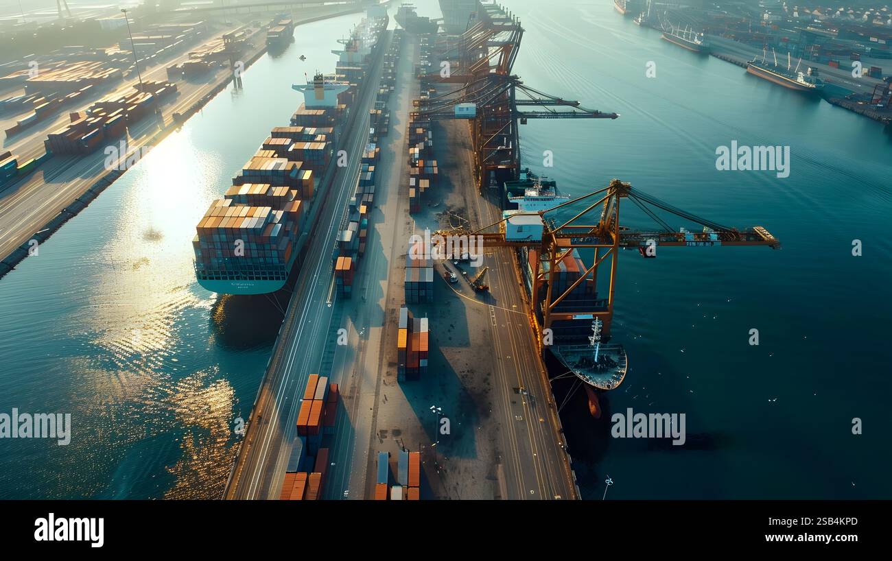 An aerial view showcases a thriving port facility,with massive freight ships docked and cargo ...