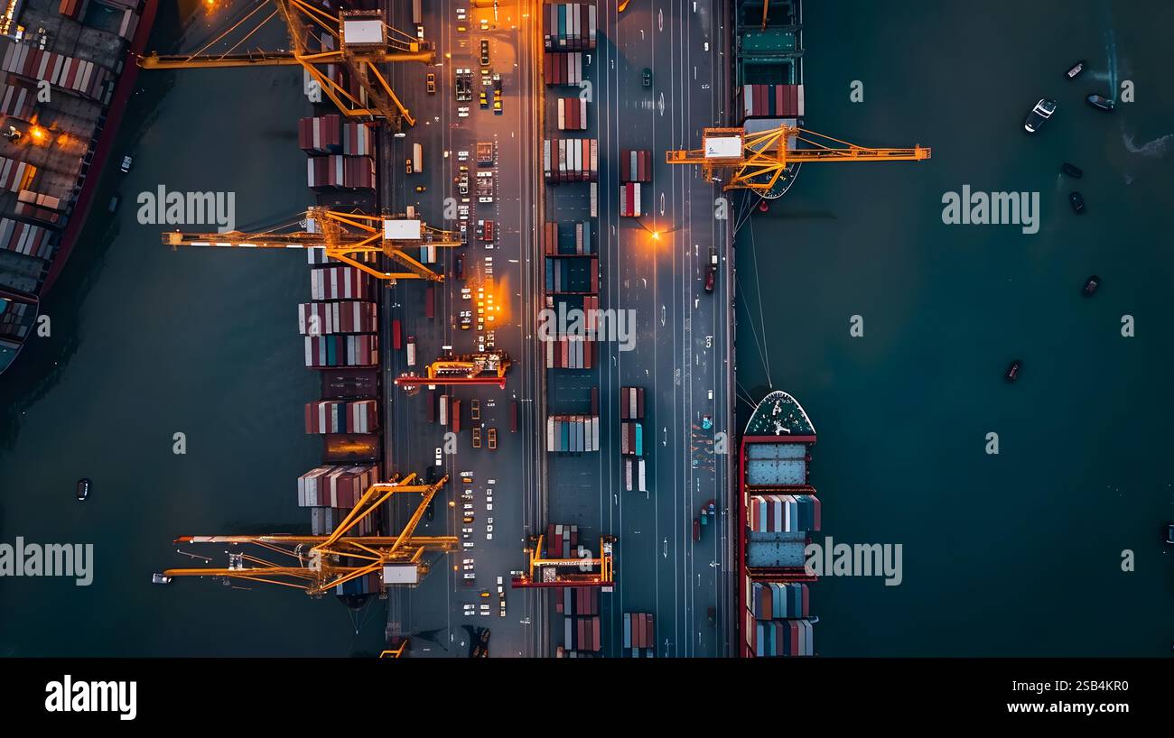 Aerial panoramic view of a busy port terminal with large freight ships,cargo containers,and ...