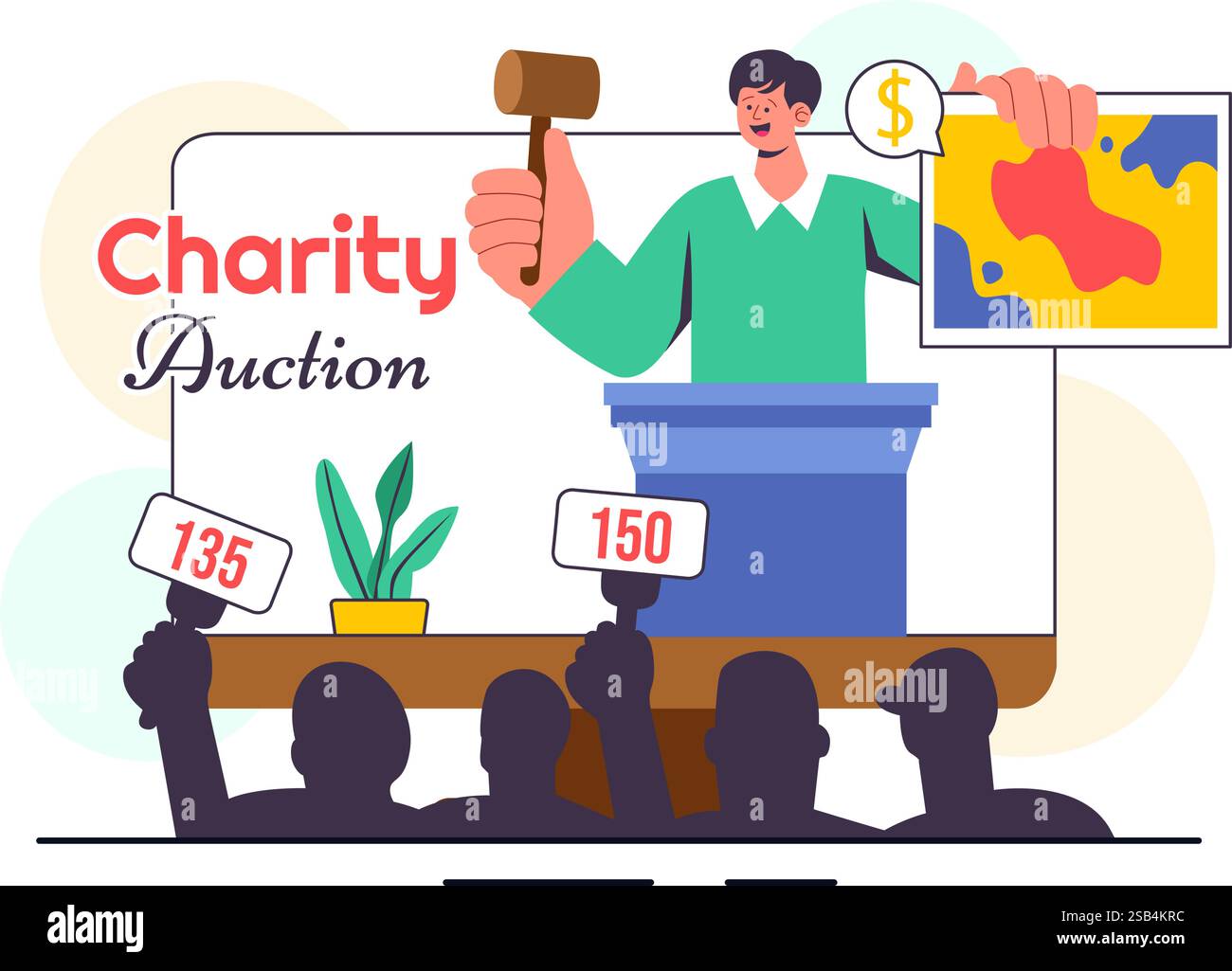 Charity Auction Vector Illustration featuring a Fundraising Event Where ...