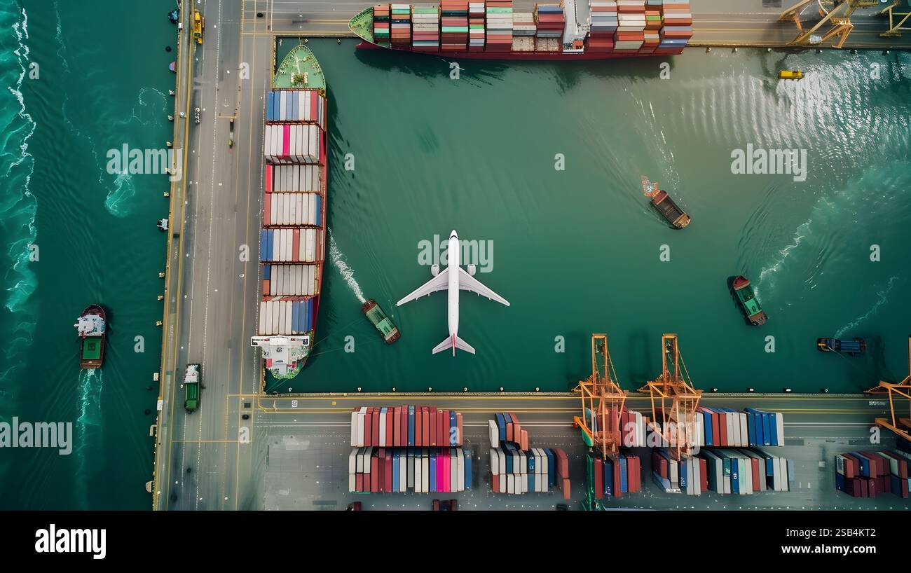 This panoramic aerial image showcases a thriving global logistics hub ...