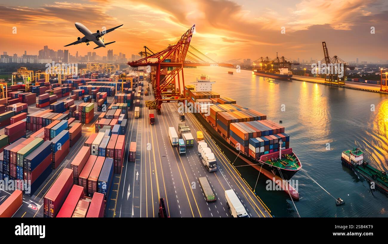 A panoramic view of a bustling global logistics hub at sunset or ...