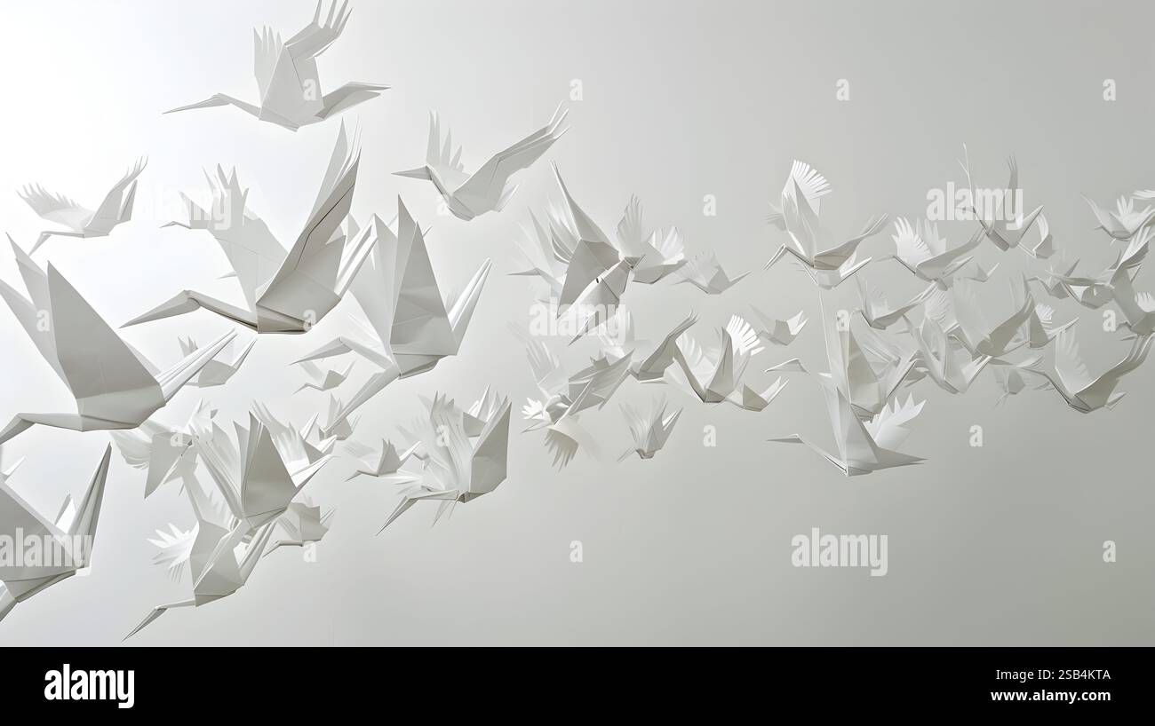 A dynamic 3D display showcasing a cascade of floating origami birds ...