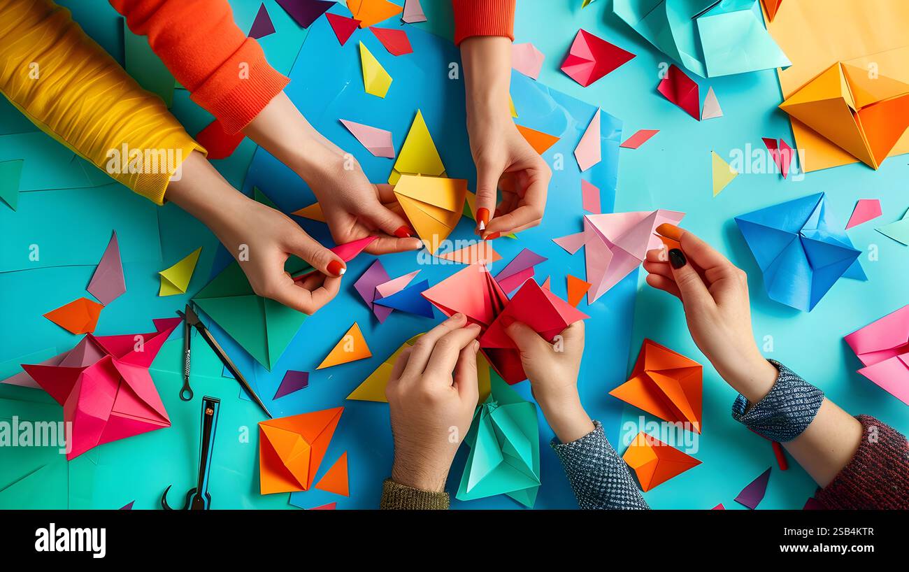 A lively and engaging origami workshop scene comes to life as hands ...