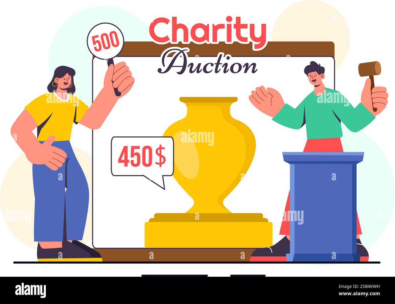 Charity Auction Vector Illustration featuring a Fundraising Event Where Valuable Items are Sold ...