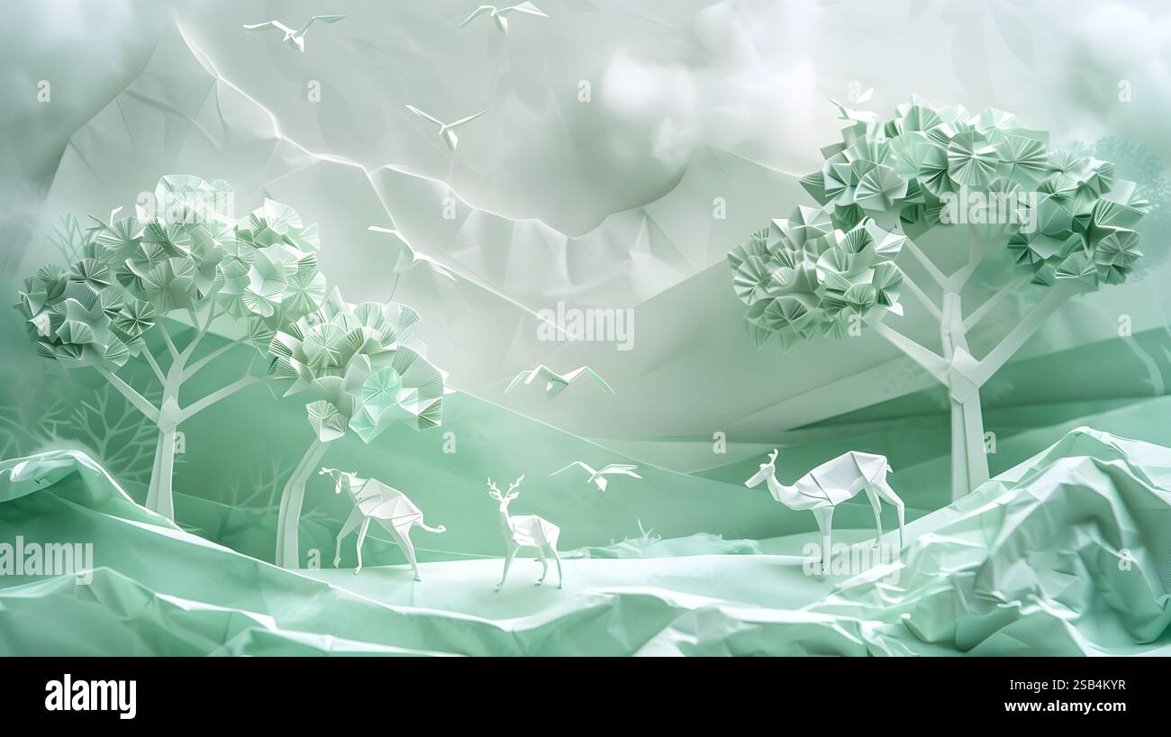 A surreal origami paper forest blooms in a dreamlike, misty environment ...