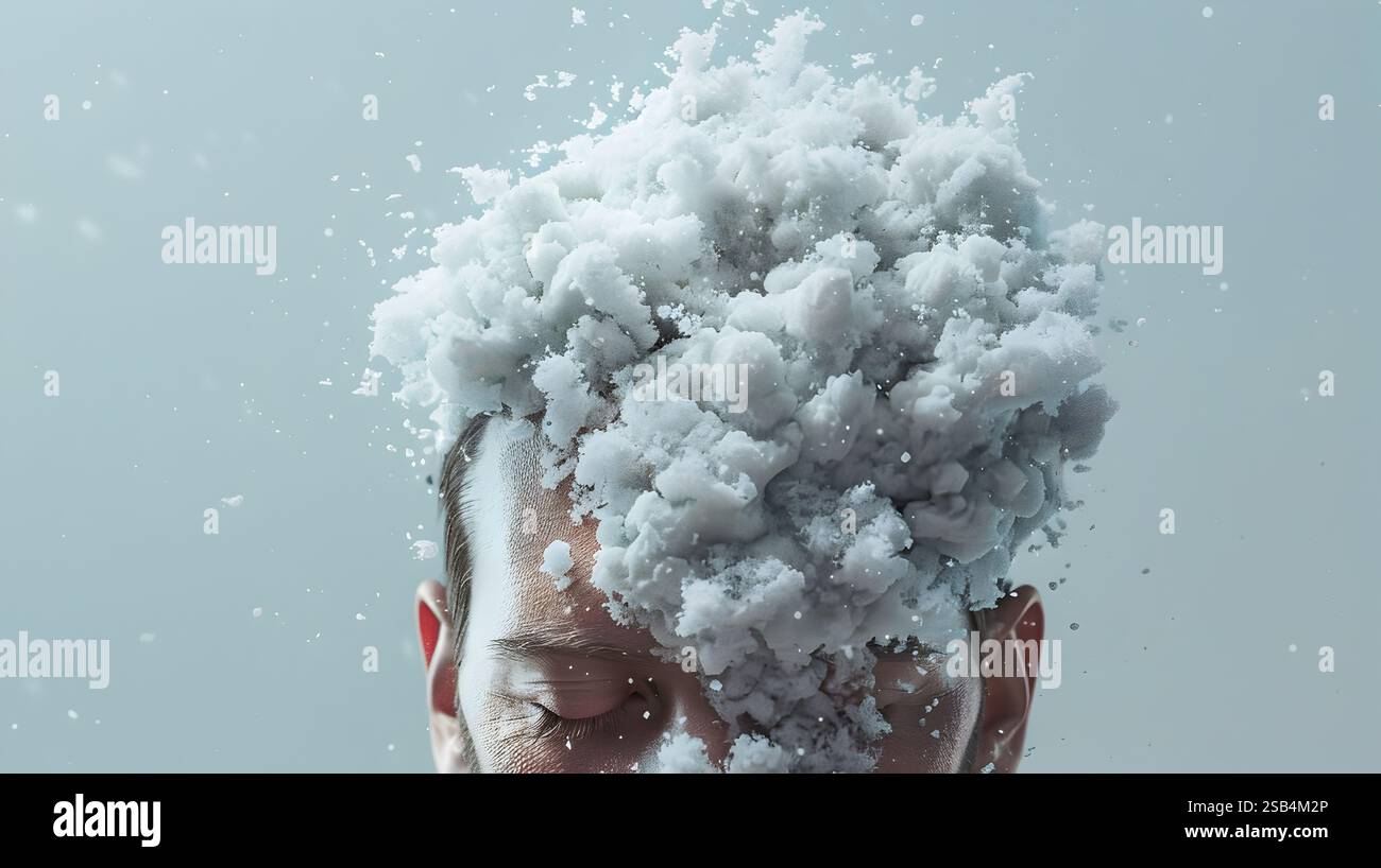 This surreal image presents dandruff as a snowy landscape on a head ...
