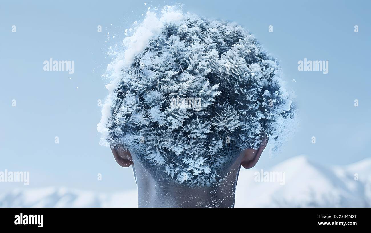 A close-up view of the scalp, transformed into a surreal snowy ...