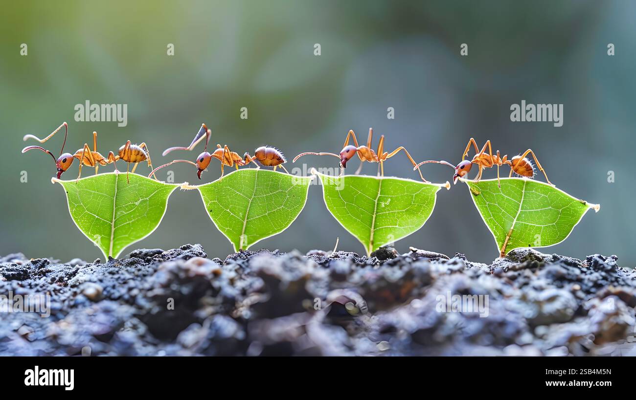 This captivating close-up image showcases a colony of ants meticulously ...