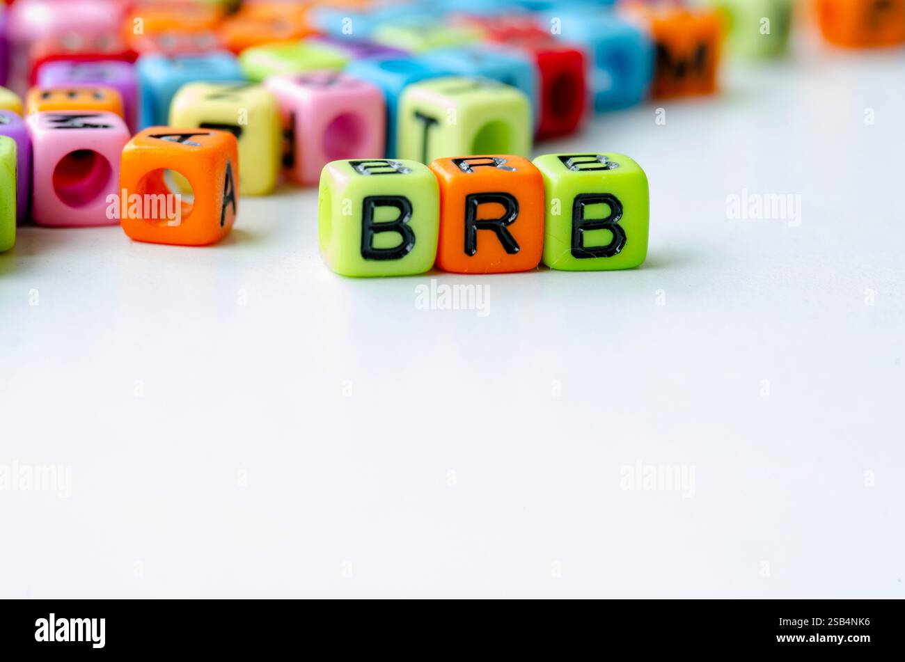 BRB text on colorful plastic alphabet beads representing Be Right Back ...