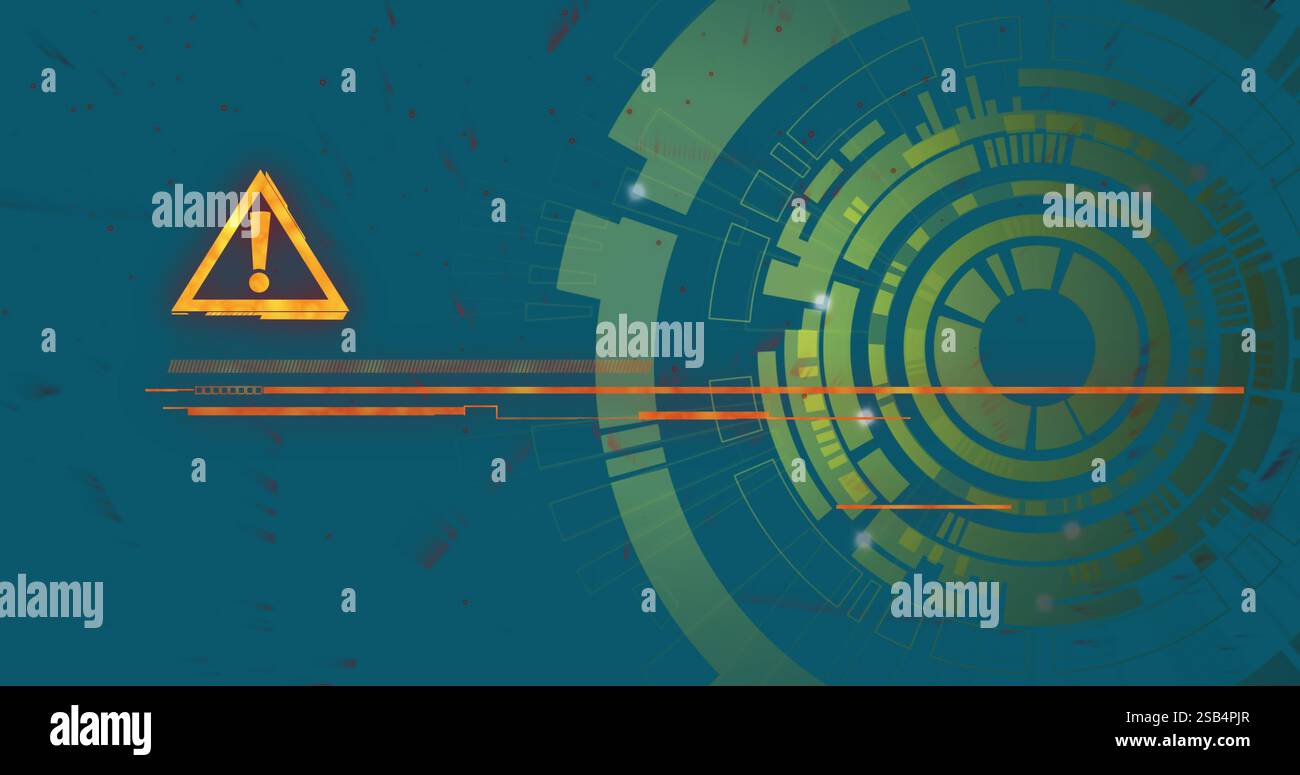 Image of scope scanning and shapes over danger text and warning symbol ...
