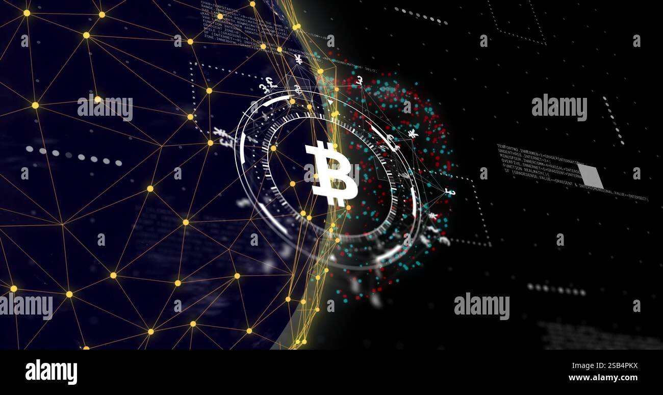 Bitcoin symbol with digital network and data processing image over globe Stock Photo - Alamy
