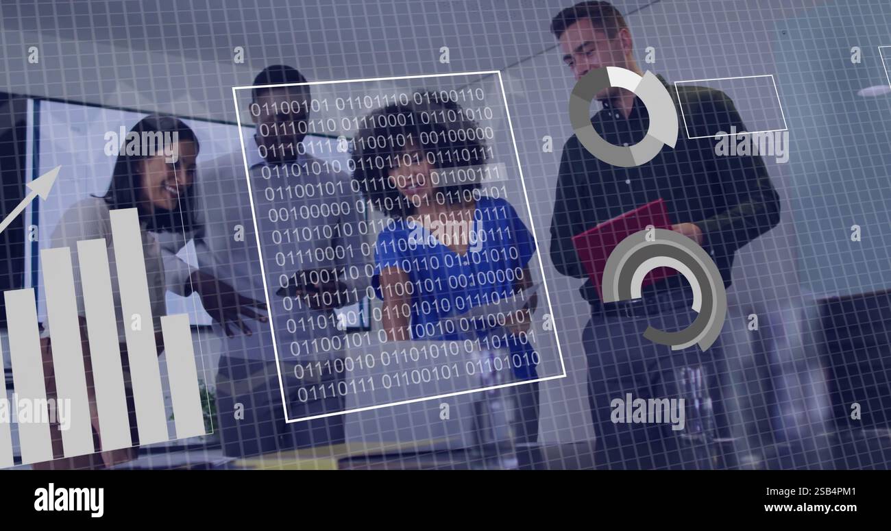 Business team collaborating with data charts and binary code image ...