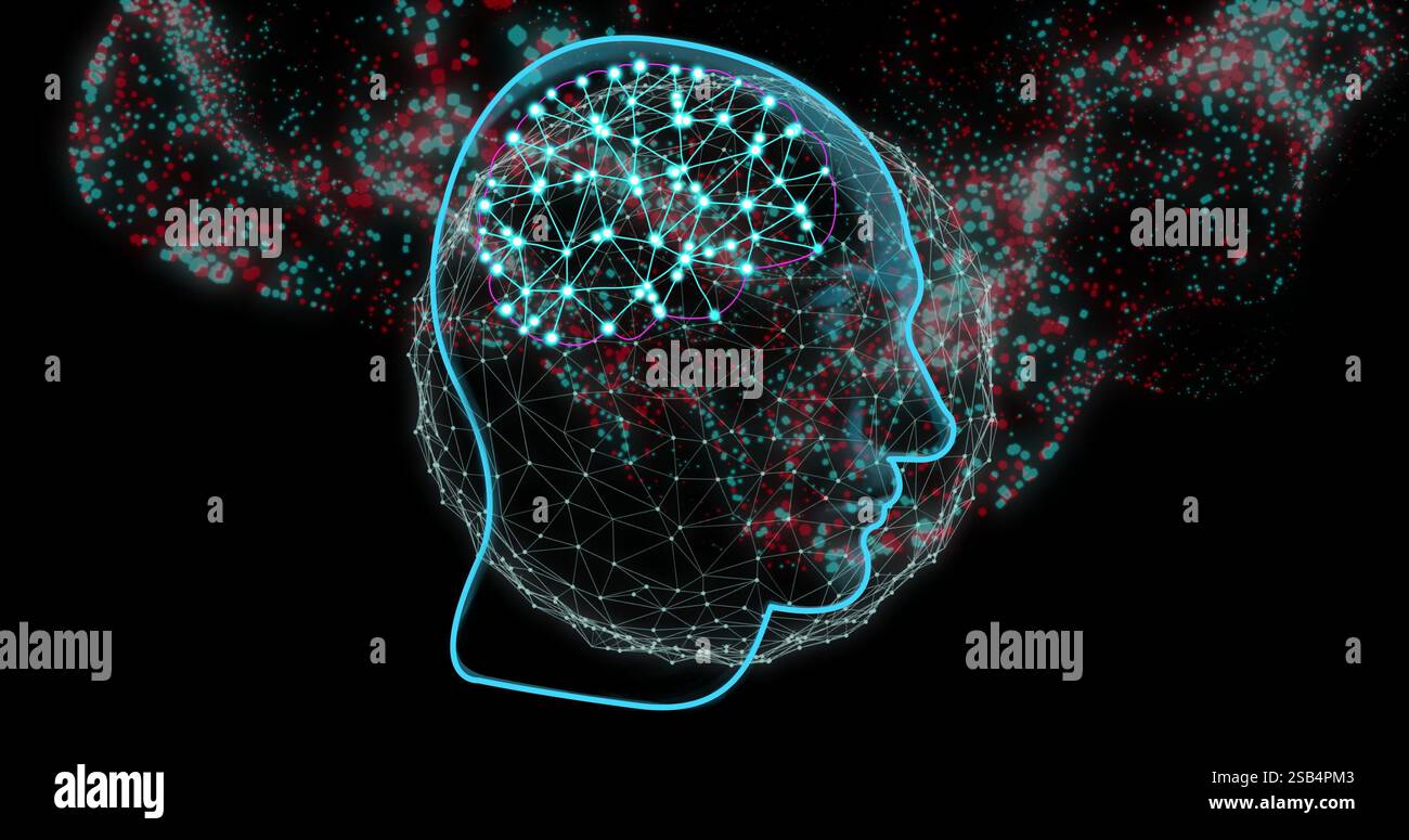 Image of human head with connections over black background Stock Photo ...
