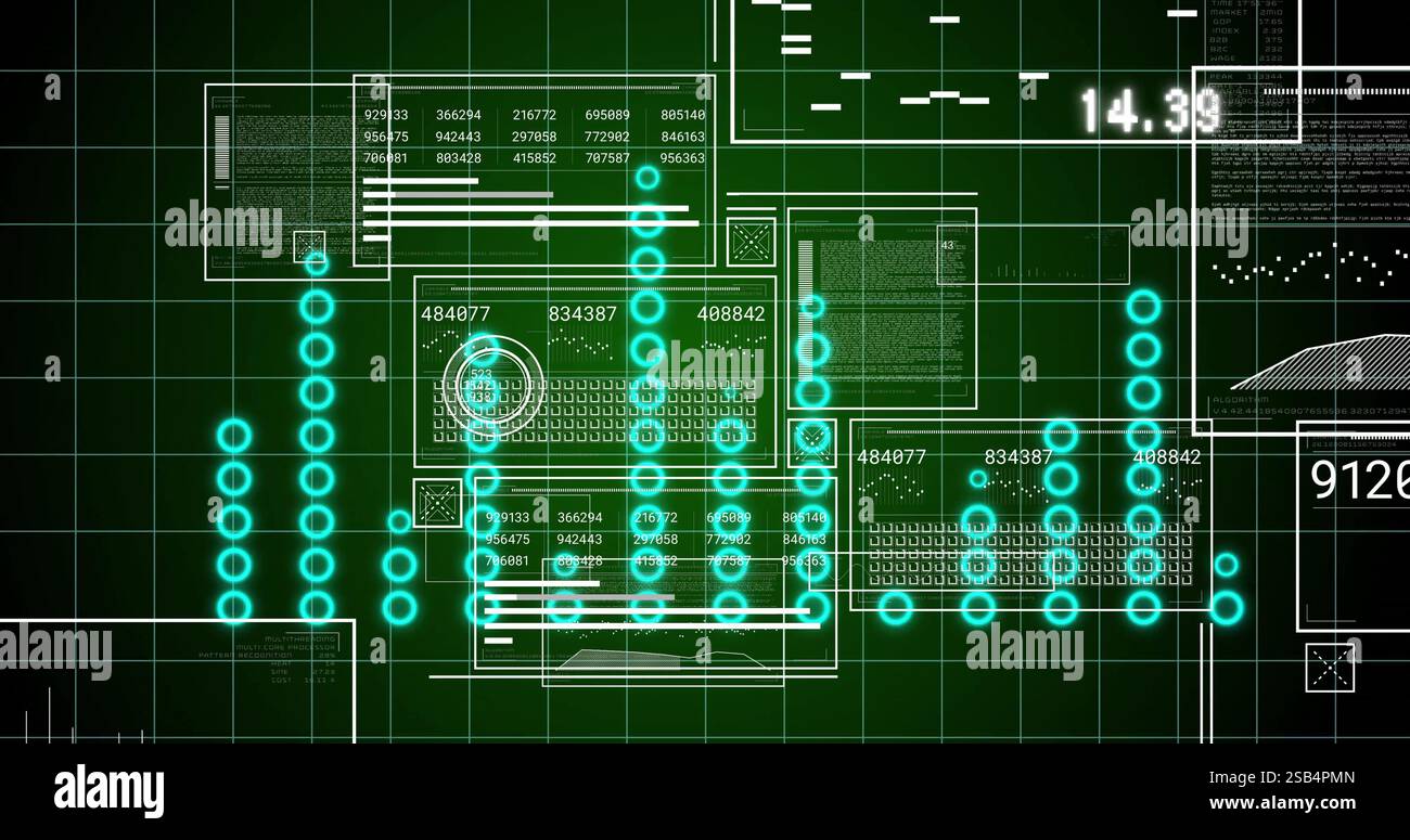 Image of digital data processing on screens over grid Stock Photo - Alamy