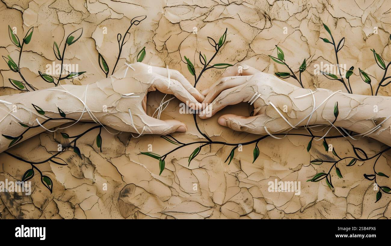 A striking one-line of human hands interconnected in a circle ...