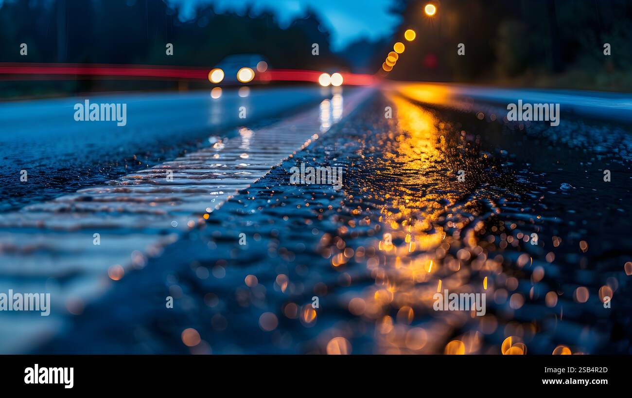 A close-up view of reflective road markings and rumble strips at the onset of twilight ...