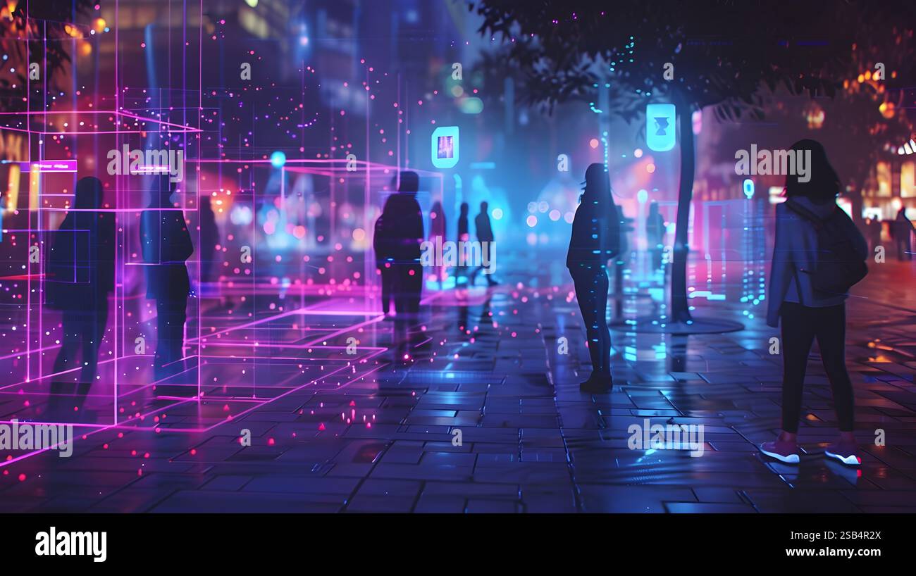 A captivating cityscape of the future showcases individuals using ...