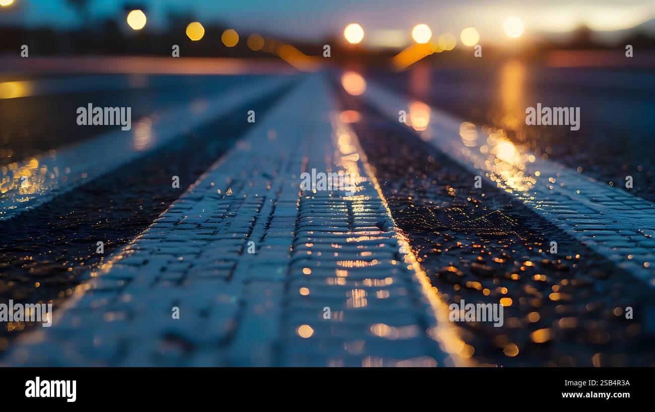 A close-up view of reflective road markings and rumble strips along a ...