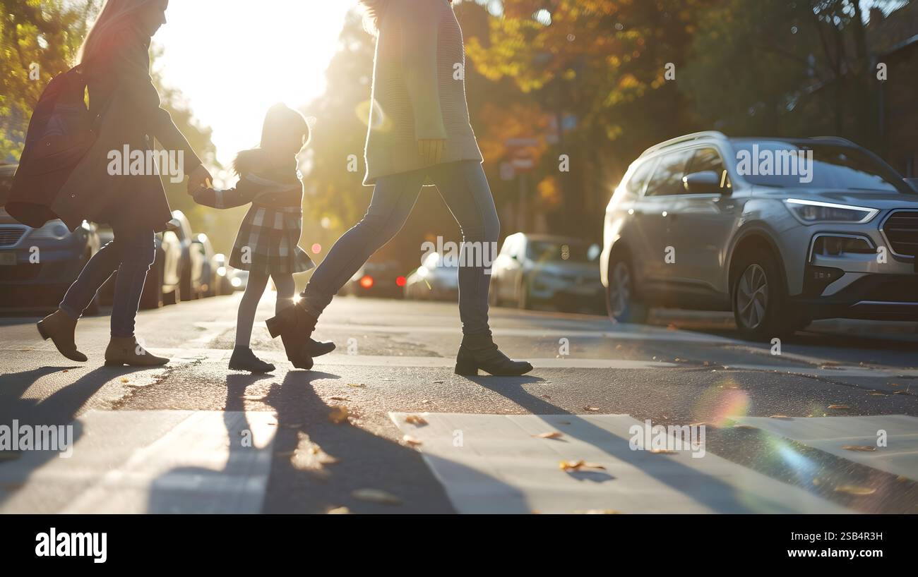 A family confidently crosses a wide road using a crosswalk, with ...