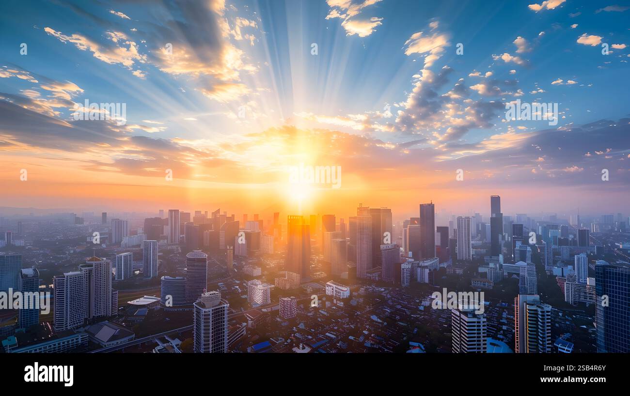 A breathtaking sunrise casts a warm, bright glow over a modern city skyline, symbolizing new ...
