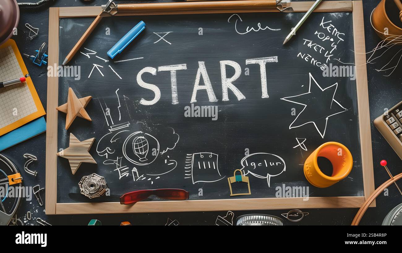 A chalkboard stands out with the word 'START' prominently written in ...