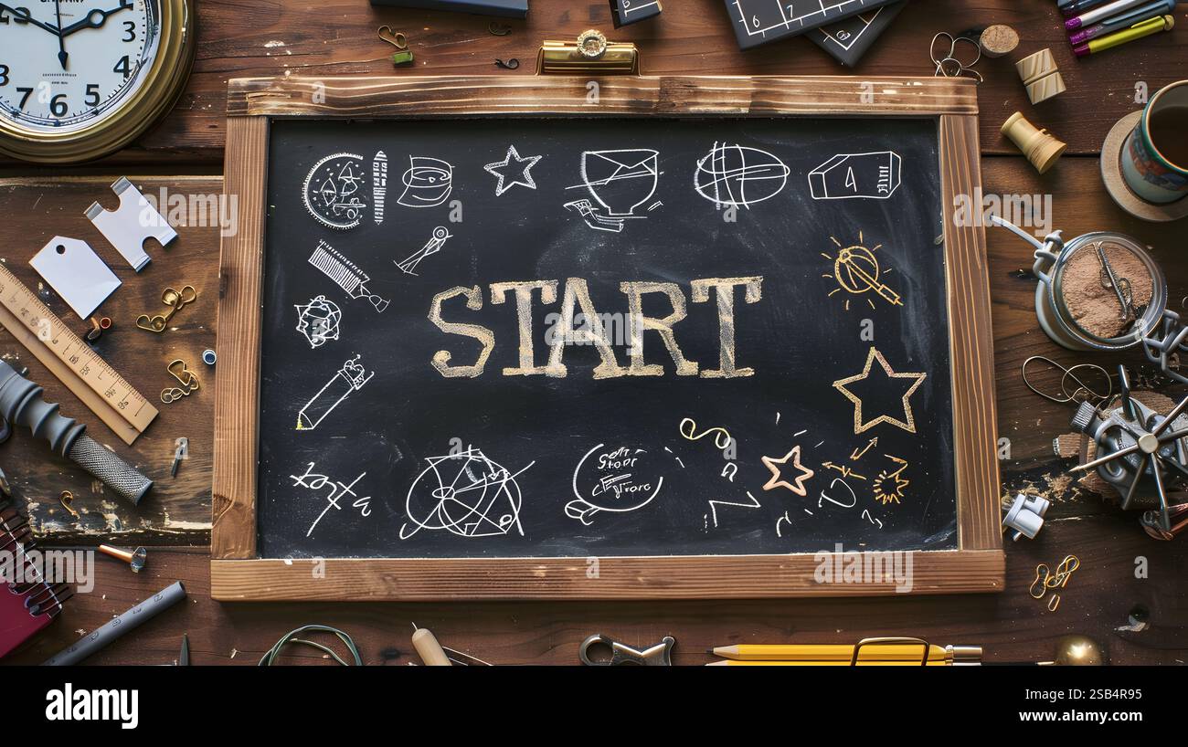 A chalkboard takes center stage, with the word 'START' emblazoned in ...