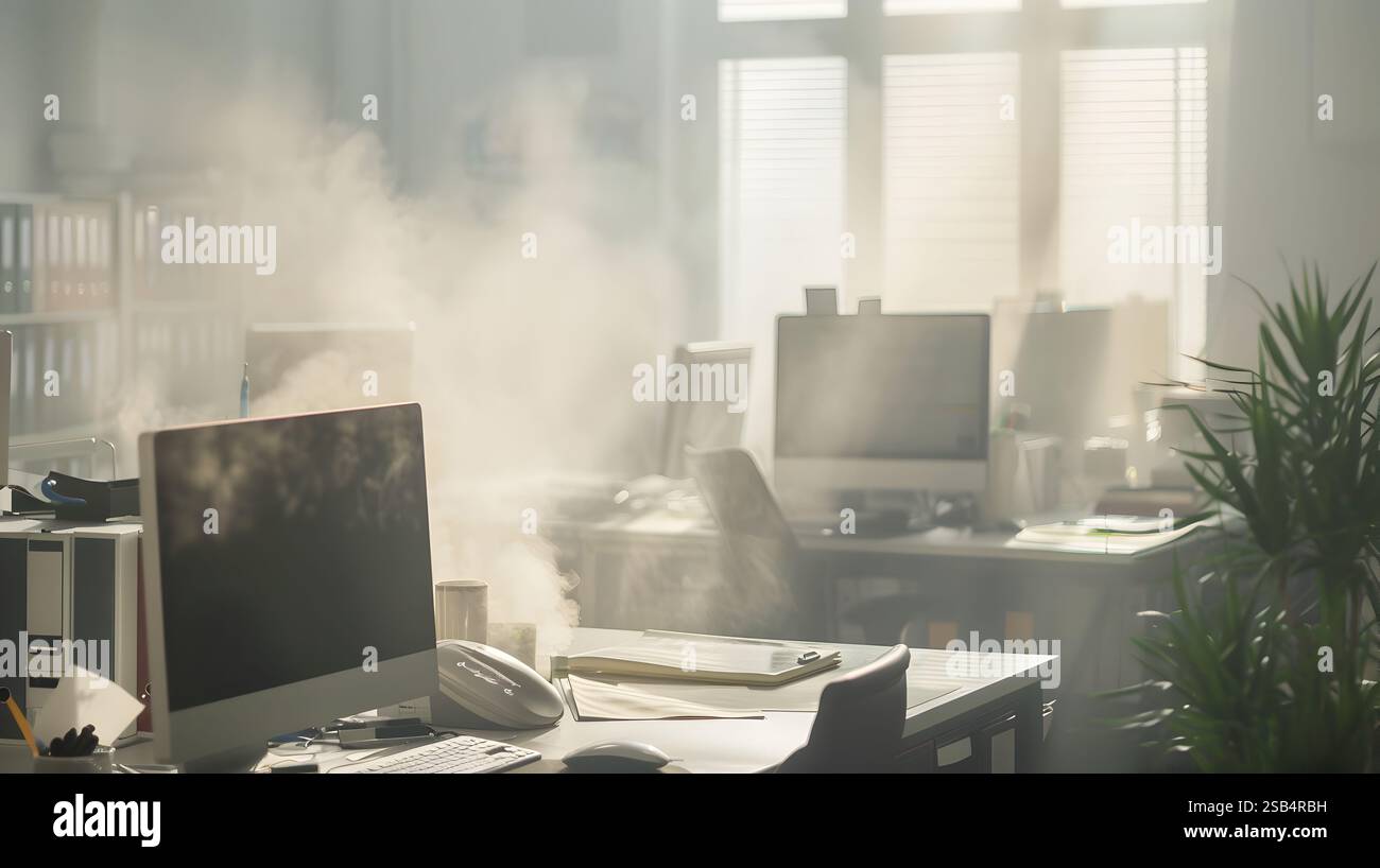 An office environment filled with computers and files covered in grime ...