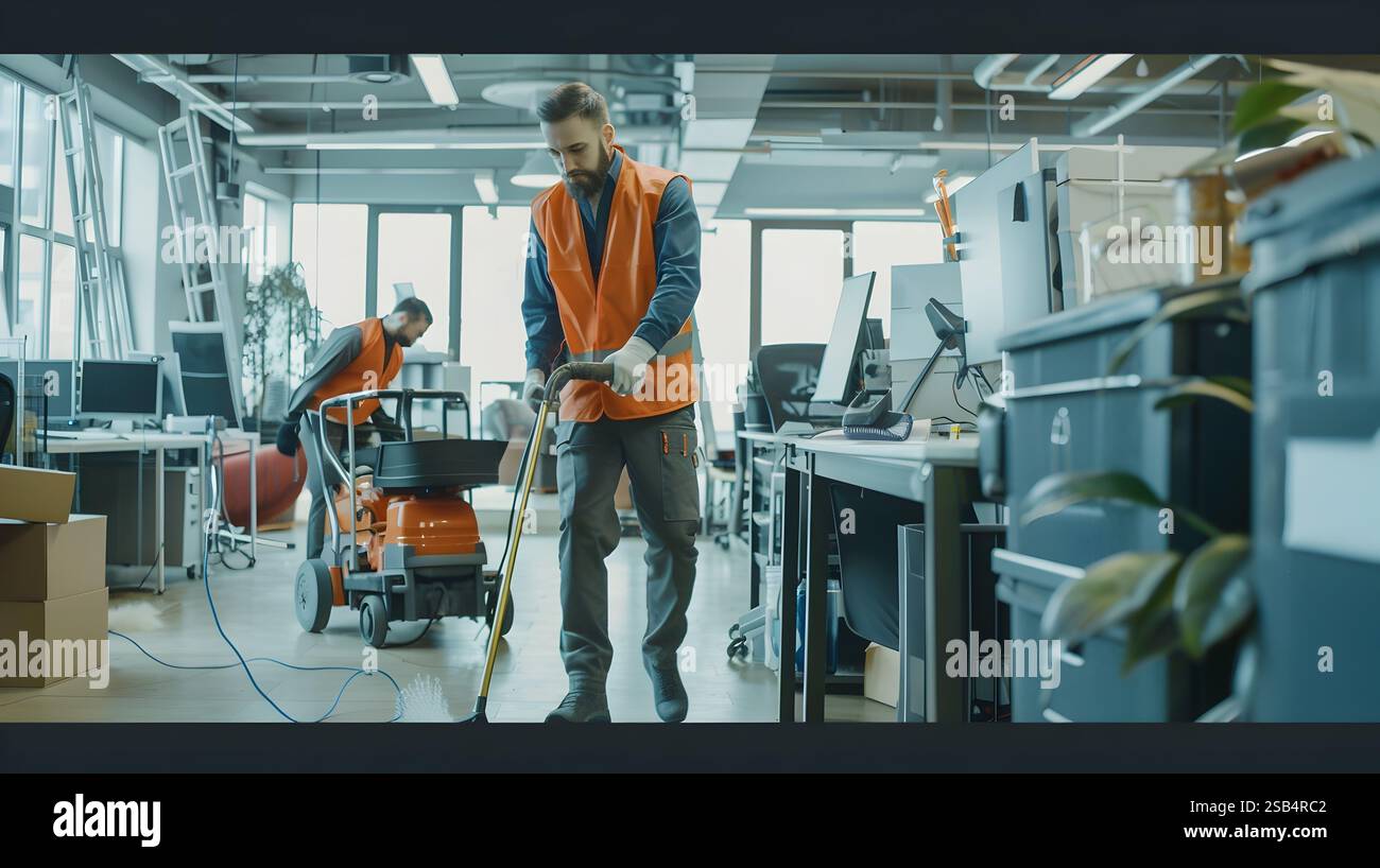 A diligent cleaning crew works tirelessly in a cluttered office ...