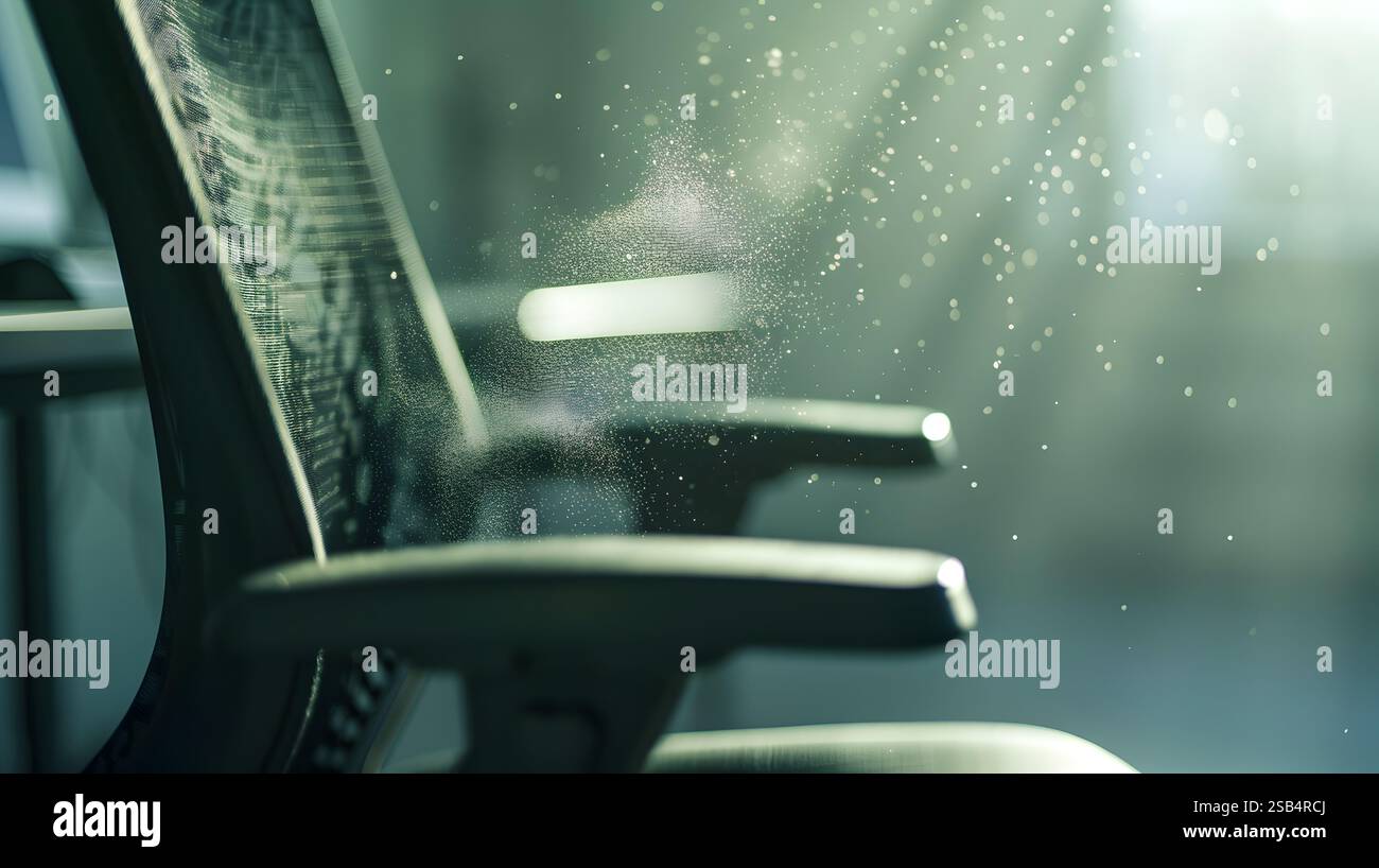 A magnified view of dust particles floating above an office chair ...