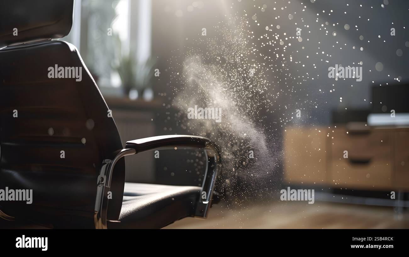 A magnified view of dust particles floating above an office chair ...
