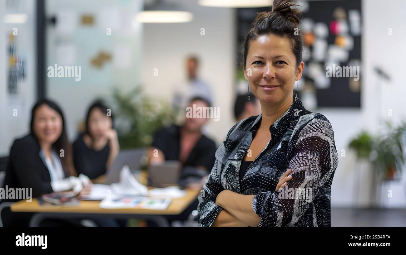 A confident team leader stands at the forefront of a strategic planning ...