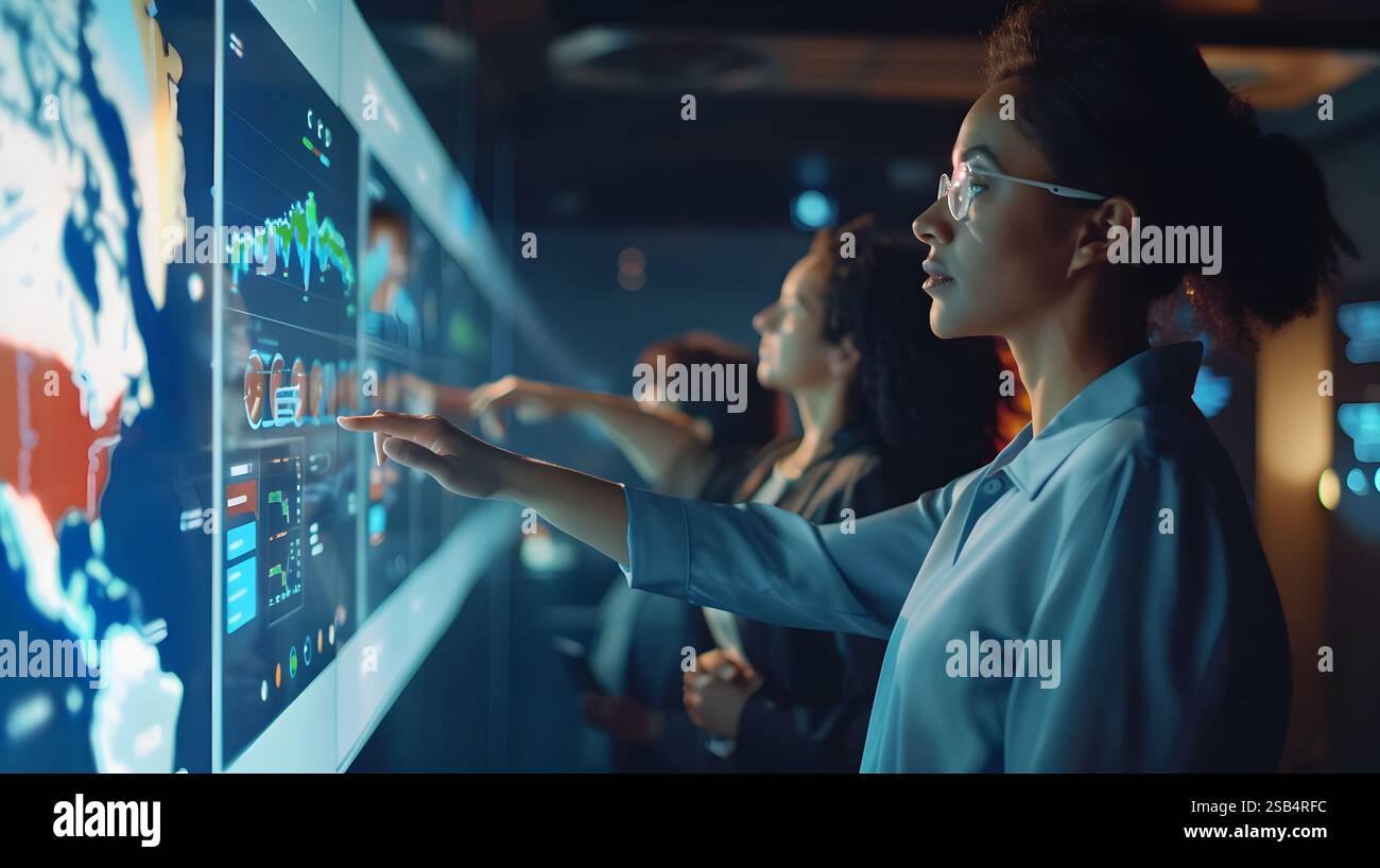 A multicultural team gathers around an interactive touchscreen display ...