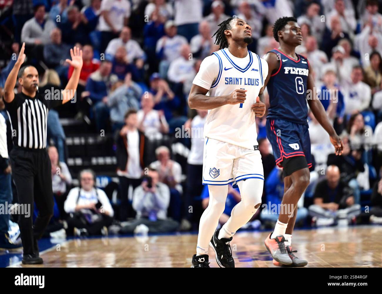 ST. LOUIS, MO - JANUARY 31 - Saint Louis guard Isaiah Swope (1) seats ...